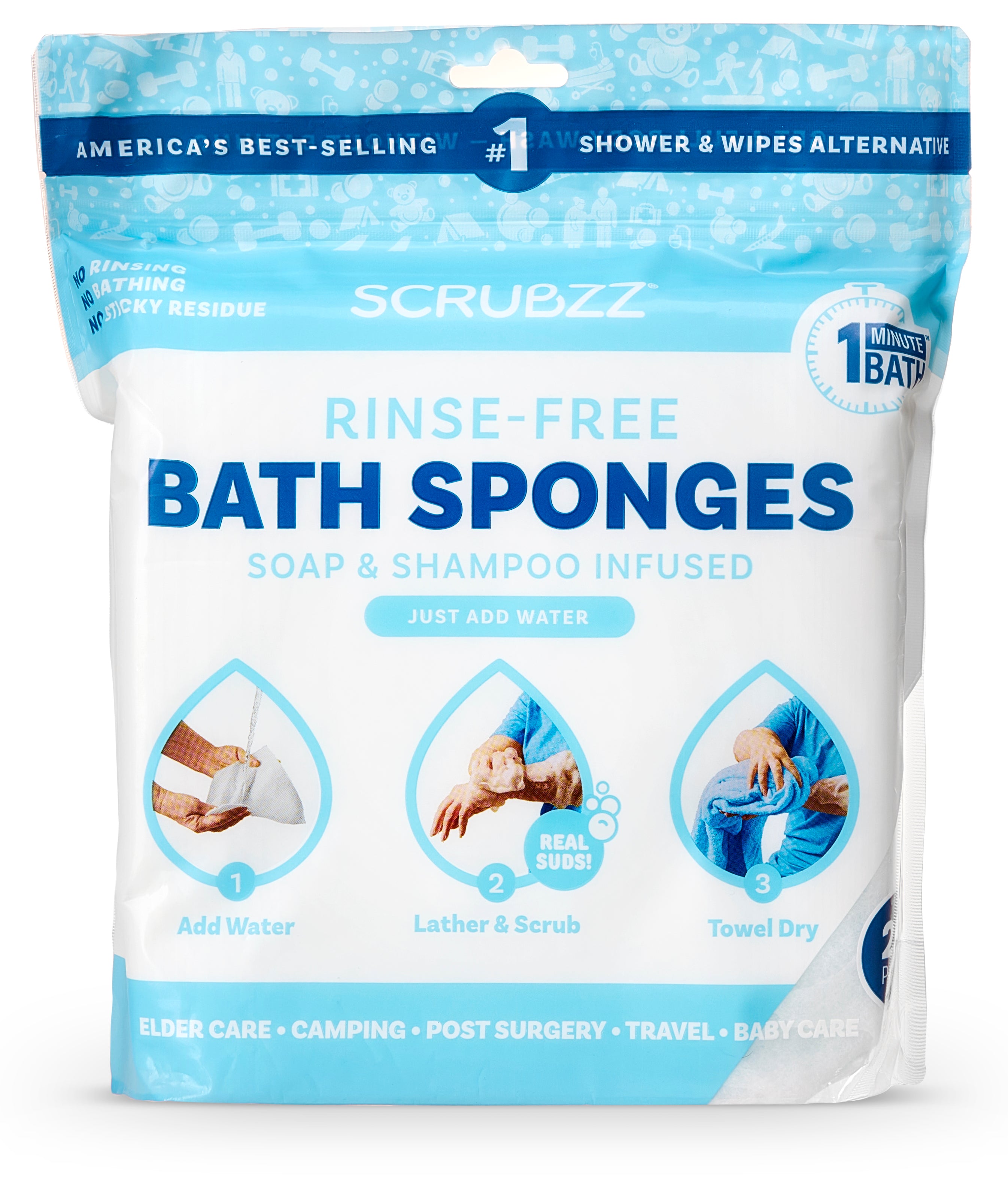 Scrubzz Rinse-Free Bathing Wipes – 25 Wipes per Pack, 20 Packs per Cas ...